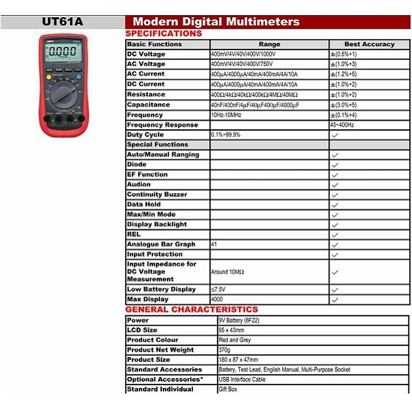 Electrónica Mendoza. MULTIMETRO DIGITAL UT61A DE MANO COMPACTO TESTER