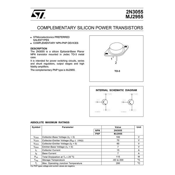 Electrónica Mendoza. TRANSISTOR MJ2955 PNP MJ-2955 MJ 2955 15A 60V 115W
