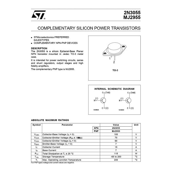 Electrónica Mendoza. TRANSISTOR 2N3055 NPN BIPOLAR AMPLIFICADOR 60V 15A ...