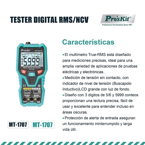 Electrónica Mendoza. TESTER DIGITAL PROSKIT RMS/NCV MT-1707